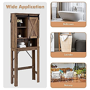 Giantex Over The Toilet Storage Cabinet - Freestanding Toilet Rack with Sliding Barn Door, 3-Level Adjustable Shelves, Anti-Toppling Devices, Non-Slip Foot Pads, Bathroom Toilet Shelf, Rustic Brown