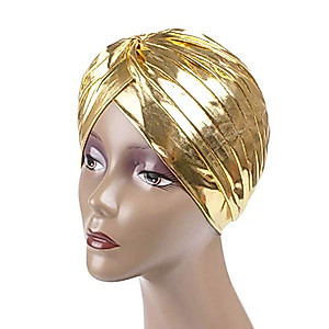 Surkat Unisex Metallic Arab India Pleated Turban Headwrap Swami Hat Costume Hat Chemo Cap(Gold)