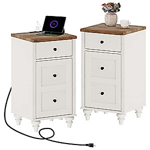 WAMPAT Set of 2 End Table with Charging Station, Wood Nightstands with Drawer and Storage Cabinet, Modern Side Tables Living Room Set of 2, Farmhouse Night Stands Bedside Table for Bedroom, White
