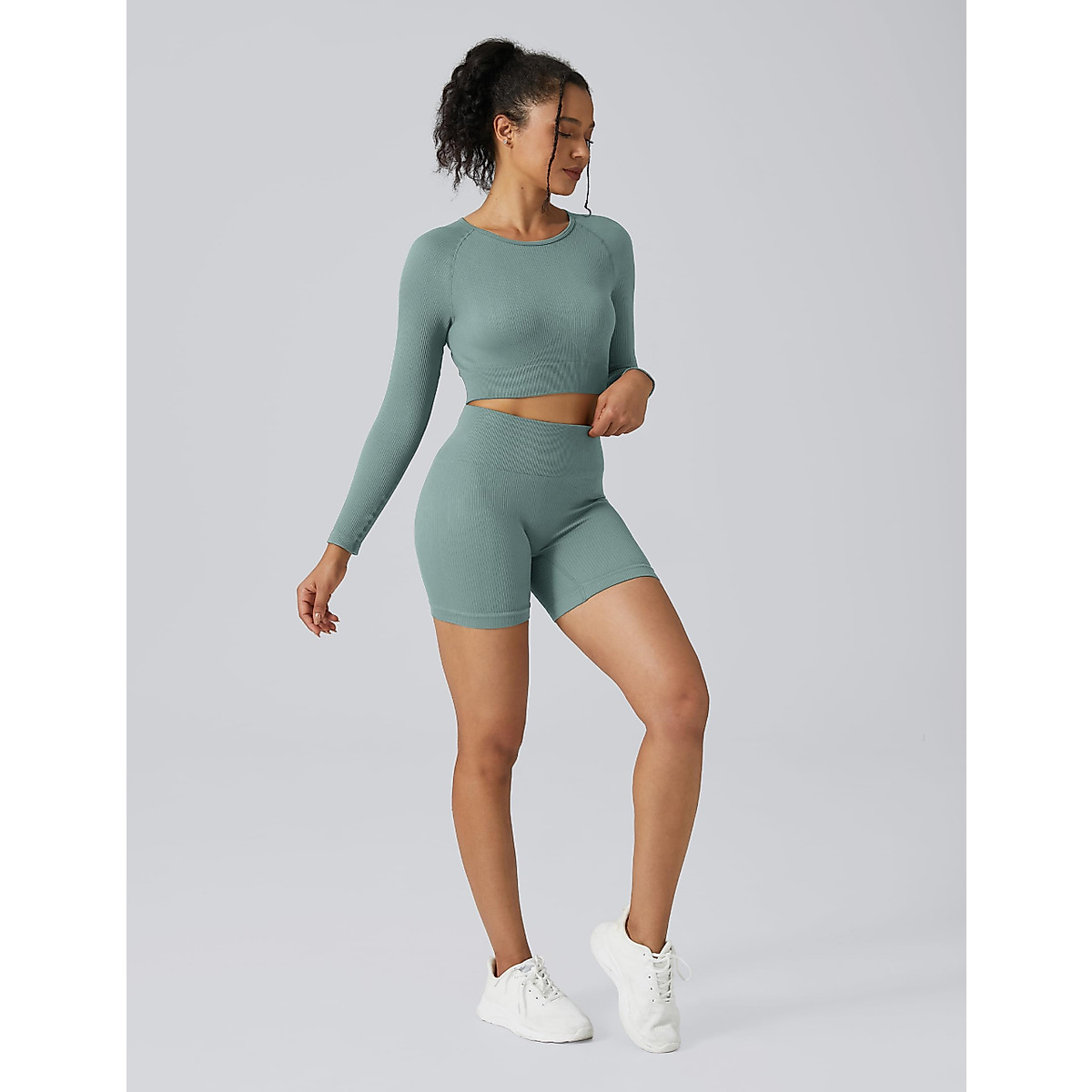 Buttergene Women Workout Sets 2 Pieces Long Sleeve Yoga Outfits Gym Clothes Seamless Ribbed Crop Top High Waist Leggings