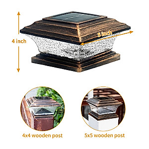 HUYIENO Solar Post Cap Lights Outdoor LED Lighting Deck Fence Two Modes Warm White/7 RGB Color Changing Suitable for 4x4 5x5 Wooden Brushed Copper 6pk.
