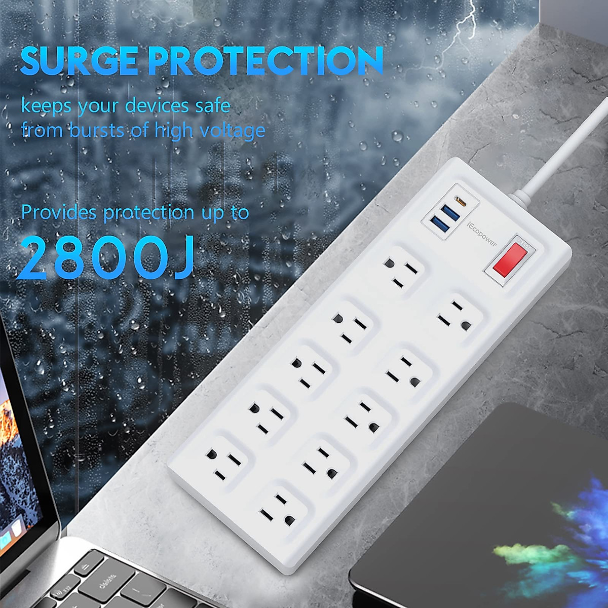 6 Ft Surge Protector Power Strip - 10 Widely Outlets with 3 USB Ports（1 USB C Port）, Flat Plug Heavy Duty Extension Cord(1875W/15A), Wall Mount, 2800 J, ETL,White
