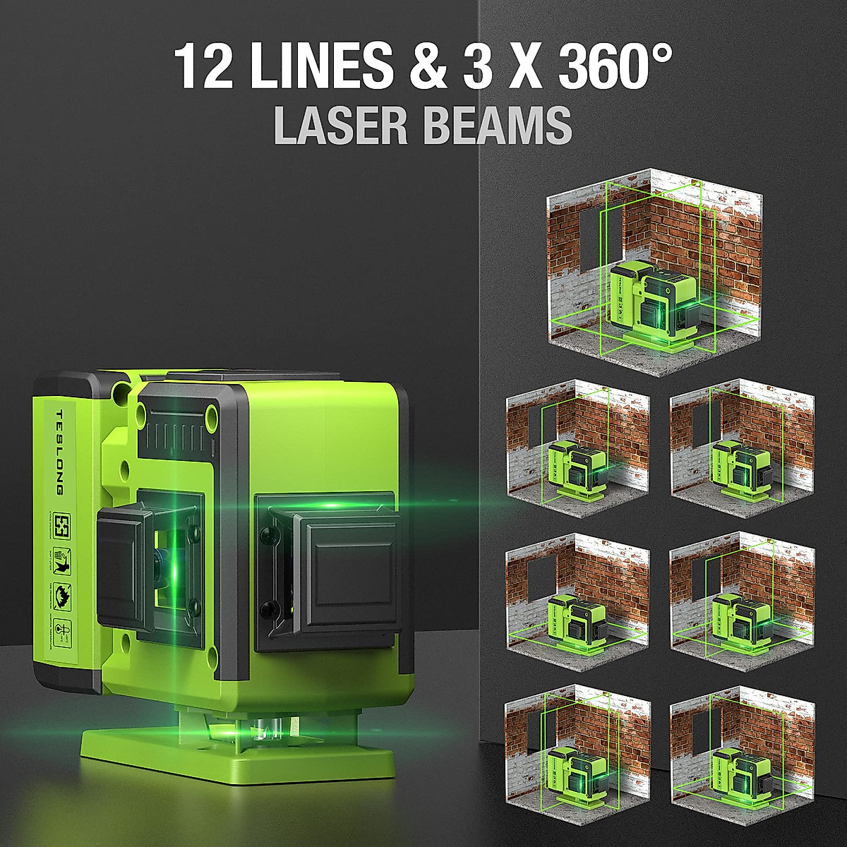 Laser Level, Teslong Self-Leveling 3x360° Cross Laser for Construction and Picture Hanging, 12-Line laser with Remote Control, 9600mAh Battery, Magnetic Bracket, Hard Carry Case