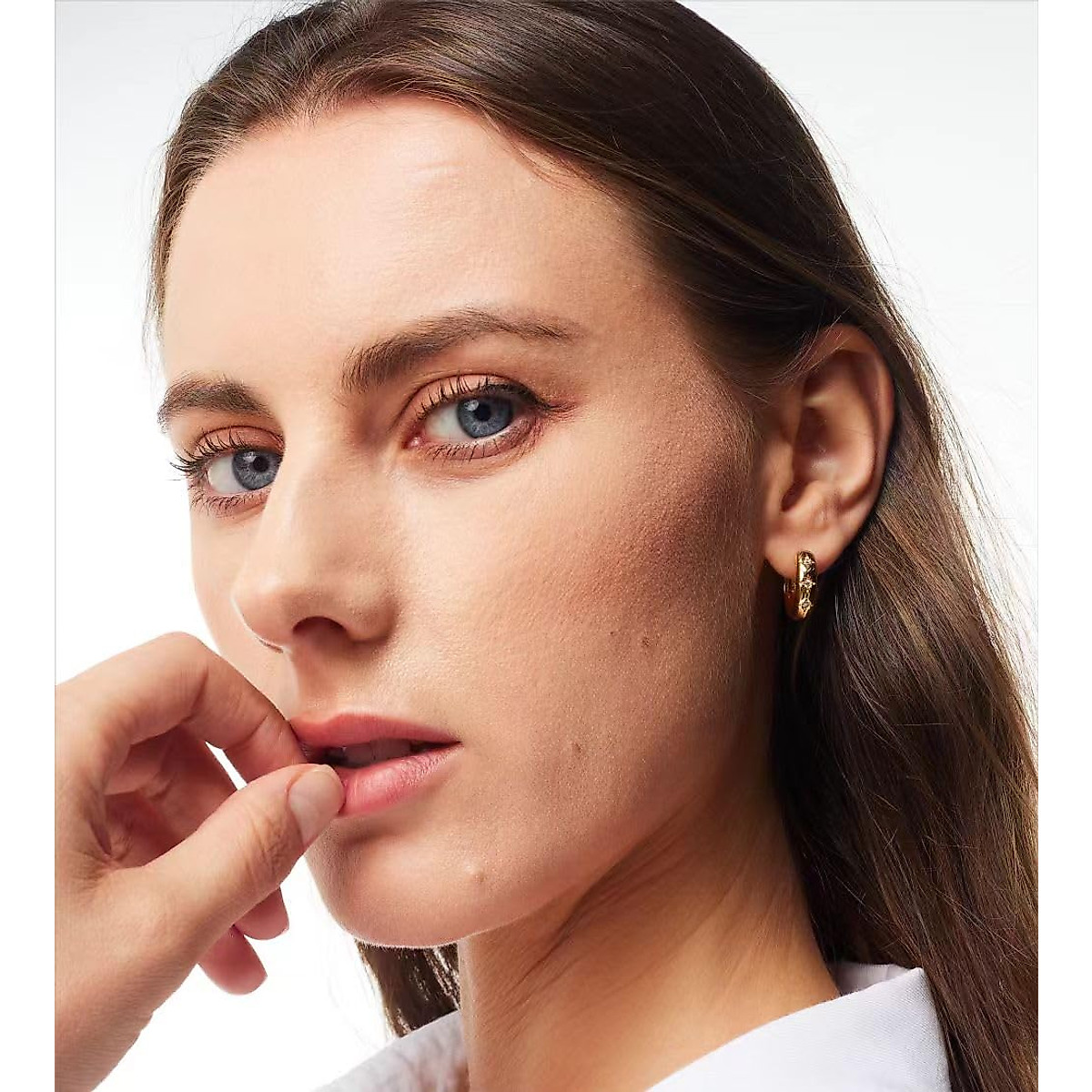 HUARJO 14K Gold Plated Sterling Silver Post Small Chunky Gold Hoop Earrings,Diamond Studded Huggie Earrings for Women 8mm 10mm 12mm (12mm, Gold)