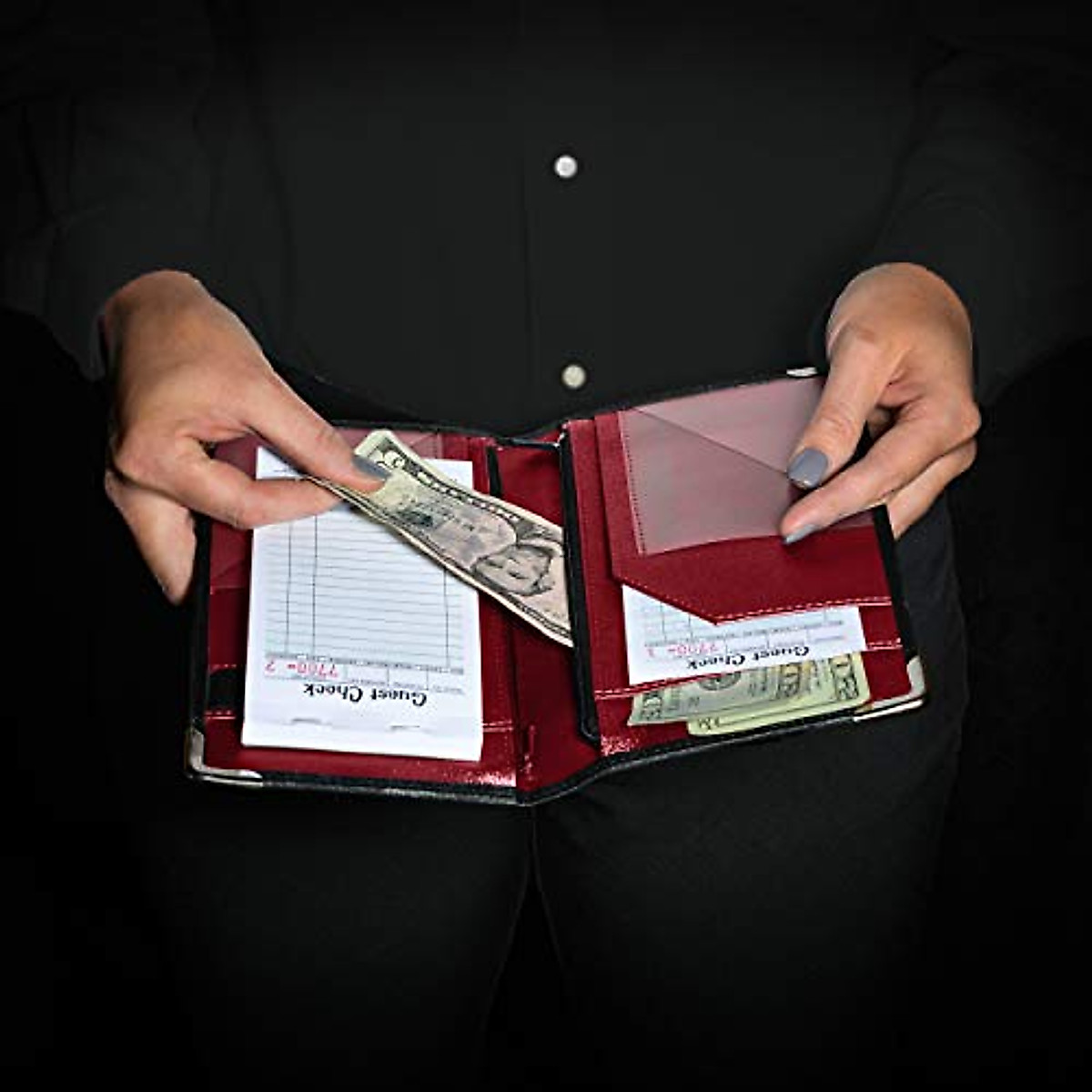 Golgino Server Book for Waitress & Waiter 9 x 5 Inch, Two Zipper Pockets & ID Holder, Premium Receipt Organizer Wallet Fits Aprons, 11 Money Pockets Perfect for Server Banking (Black/Magenta)