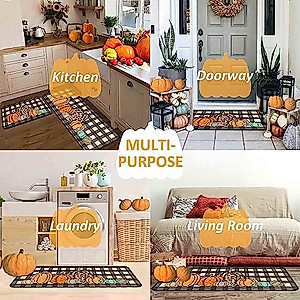 Fall Kitchen Rugs and Mats Set of 2, Thanksgiving Kitchen Rug Non Slip Backing Fall Decorations for Home Seasonal Farmhouse Fall Holiday Autumn Harvest Low-Profile Kitchen Floor Mat 17"X47"+17"X30"