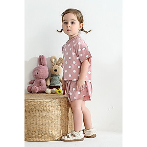 YOUNGER TREE Kids Toddler Baby Girls Shorts Outfits Set Leopard Print Ruffle Dress T-Shirt Tops+Short Pants 2Pc Summer Clothes Set (Pink dots, 18-24Months)