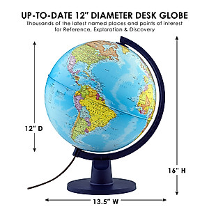 Waypoint Geographic Scout Illuminated, Decorative Classroom Globe with Stand, World Globe with More than 4000 Places, 12” Interactive Globe with Political Mapping, Blue