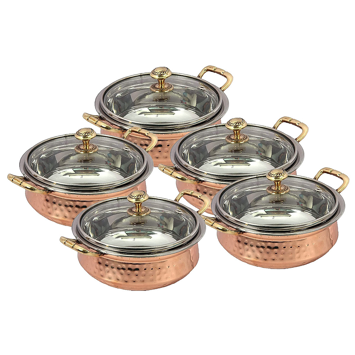 PARIJAT HANDICRAFT Indian Hammered Copper Serving Bowl for Food Soup with Handle and Glass Lid Decorative Small Seveware Pack of 6