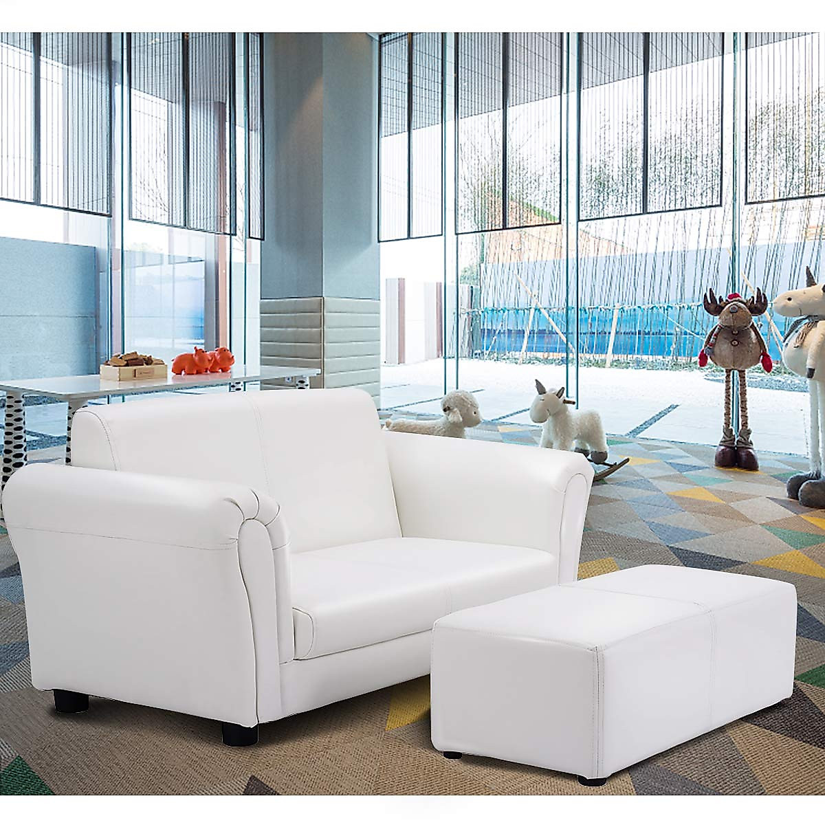 Costzon Kids Couch with Footstool, 2 in 1 Double Seat Children's Sofa w/PU Leather Surface, Armrest Chair Lounge, Soft Kids Sofa for Preschool Bedroom Kids Room Toddlers Boys Girls Birthday (White)