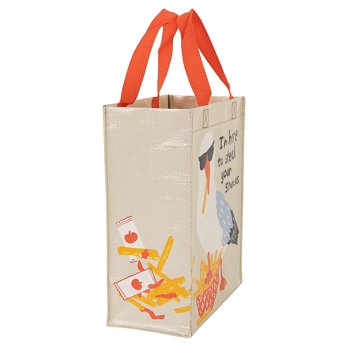 Blue Q Handy Tote - I'm Here to Steal Your Snacks. Reusable lunch bag, little tote, gift bag, sturdy and easy-to-wipe-clean, made from 95% recycled material, 10" h x 8.5" w x 4.5" d