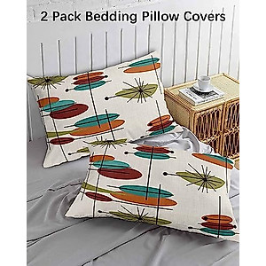 Edwiinsa Teal Red Orange Pillow Covers Standard Size Set of 2 20x26 Bed Pillow, Middle Century Geometric Abstract Art Burlap Plush Soft Comfort for Hair/Skin Cooling Pillowcases with Envelop Closure