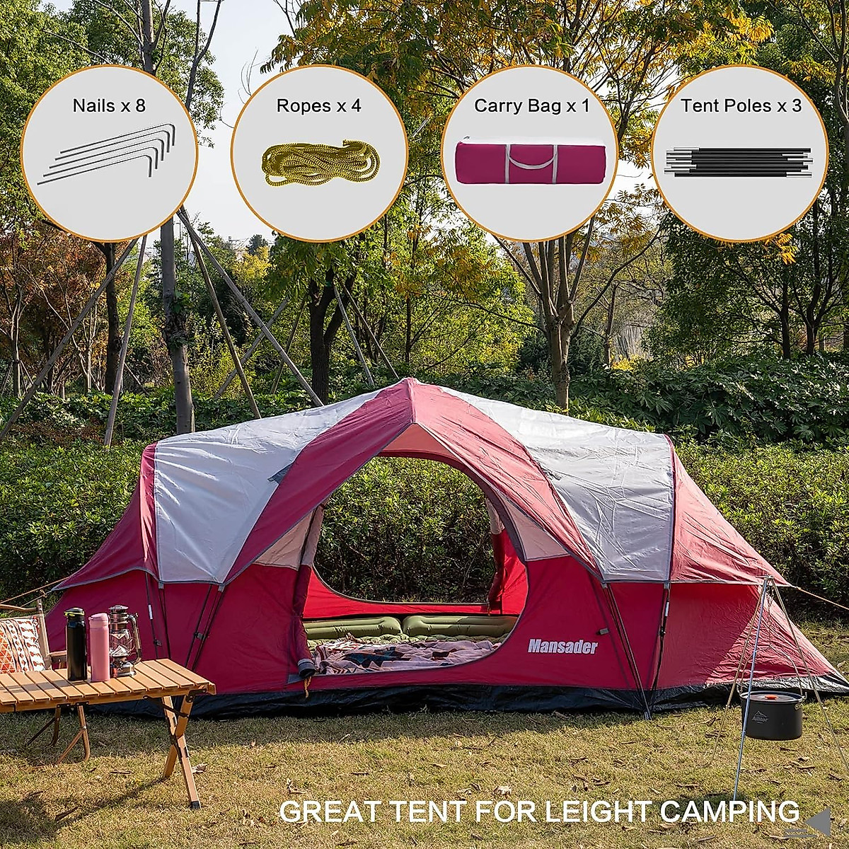Mansader 6 Person Family Camping Tent,Waterproof Windproof with Top Rainfly,Easy Set Up,Pop Up Tent for Outdoor Camping Hiking Travel (Wine Red)