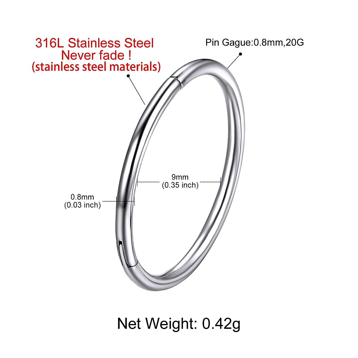 KeyStyle Surgical Steel Sleeper Tiny Hoop Earrings, Womens Nose Ring Septum Ring Helix Ring Daith Ring Lip Ring, 9mm