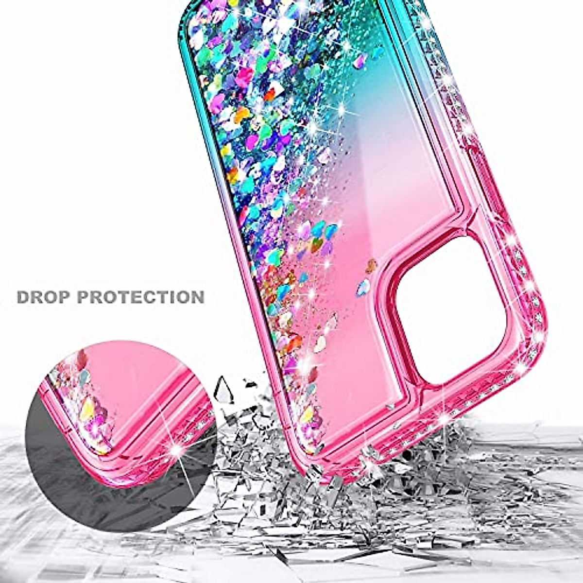 NGB Compatible with iPhone 11 Case with Tempered Glass Screen Protector, Ring Holder/Wrist Strap, Girls Women Liquid Bling Sparkle Floating Glitter Cute Phone Case (Pink/Aqua)