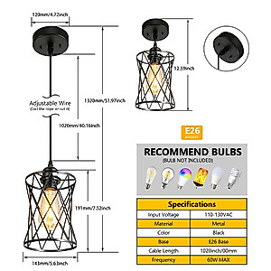 2-Pack Farmhouse Pendant Lights - Industrial Metal Cage Island Fixture for Kitchen, Dining Room, Bedroom, Bar, and Sink - Adjustable Hanging Ceiling Lamp in Black - Stylish and Functional Lighting