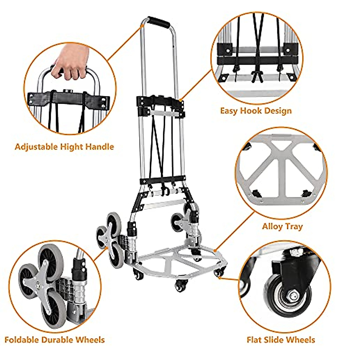 TOLEAD Foldable Stair Climbing Cart 180lb Capacity Convertible Hand Trucks and Dolly,Adjustable Height 3 in 1 Heavy Duty Stair Climber Cart with 10 Wheels