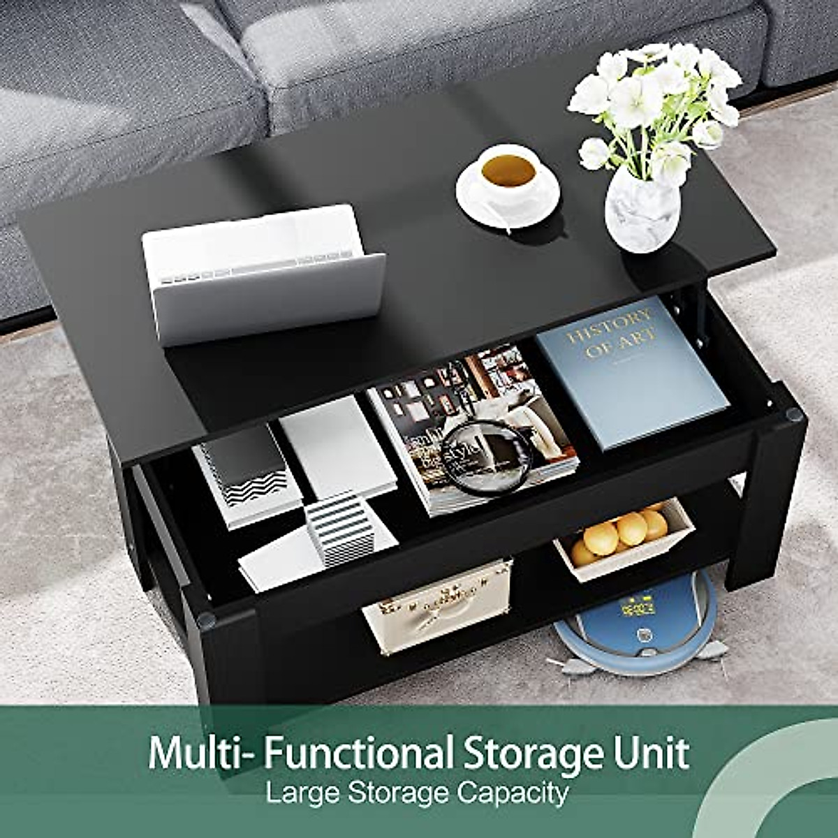 Meilocar Wood Coffee Table, Lift Top Coffee Table with Storage Shelf and Hidden Compartment, Black Coffee Table for Living Room Reception Room, 38.58in L, Black