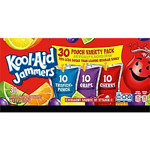 Kool-Aid Jammers Tropical Punch (Grape & Cherry Artificially Flavored Kids Soft Drink Variety Pack, 30 ct Box, 6 fl oz Pouches)