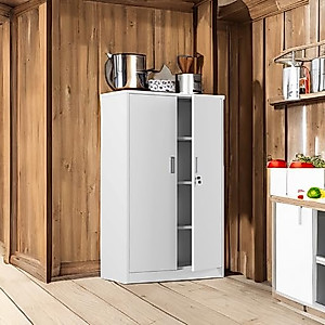 JINKUR Metal Storage Cabinet with Locking Doors and 3 Adjustable Shelves, 53.5-Inch Lockable Storage Cabinets for Home Office Garage Kitchen Pantry (White)