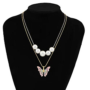 FOAUME 2 Pack Colorful Butterfly Pearl Necklaces Ladies Layered Necklaces Sweater Chains Barbie Princess Necklace(Gold)