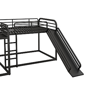 DEYOBED Full and Twin Size Bunk Bed with Slide and Short Ladder, L-Shaped Bunk Bed Frame for 4, Ideal Solid Mental Bed Frame for Kids, Black