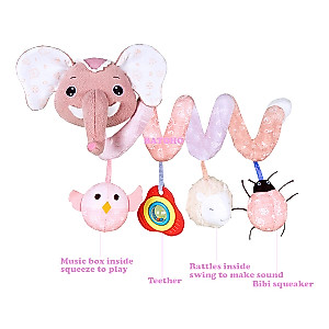 Car Seat Toys for Babies 0-6 Months, Infant Spiral Activity Toys Baby Gril Car Seat Toys 6-12 Months Hanging Stroller Toys for Baby Girls 0-6 Months with Musical Owl Rattle Sheep - Pink Elephant