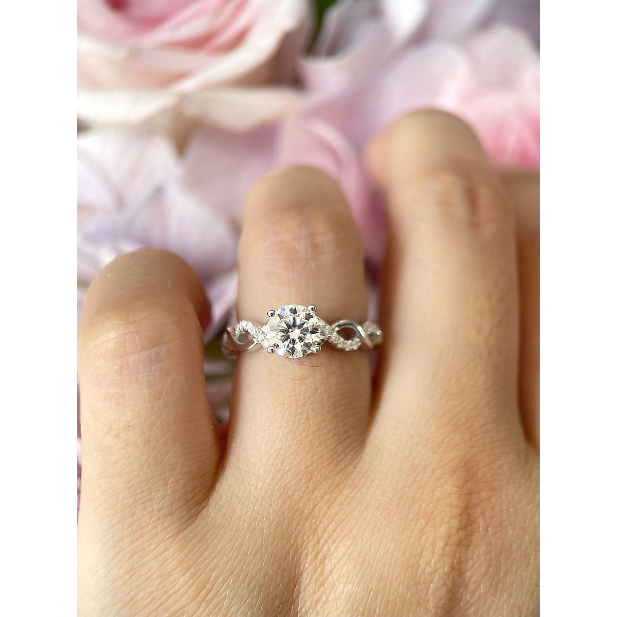 ZLAEBL 1 Carat Twisting Infinity Split Shank Engagement Rings for Women with a 0.2 Carat Center Mossanite Rings I Love You Gifts Sterling Silver Plated 18K White Gold Wedding Ring,7