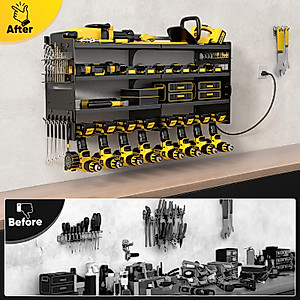 POKIPO Power Tool Organizer Wall Mount with Charging Station, 4 Layer Drill Holder Tool Storage 4 Outlet Power Strip Utility Rack with 6.56ft Cord