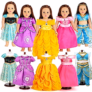 18 Inch Doll Clothes Accessories - 5 Pc Different Princess Costume Dress Set Includes Jasmine,Anna,Belle,Rapunzel and Aurora Fits All 18" Doll