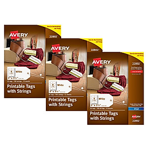 Avery 22802 Printable Tags for Inkjet Printers Only, Tags With Strings, 2" x 3.5", 96 Tags, Sold as 3 Pack, 288 Tags Total