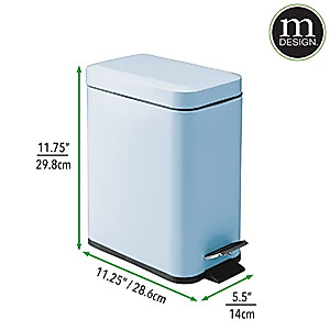 mDesign Small Modern 1.3 Gallon Rectangle Metal Lidded Step Trash Can, Compact Garbage Bin with Removable Liner Bucket and Handle for Bathroom, Kitchen, Craft Room, Office, Garage - Matte Light Blue