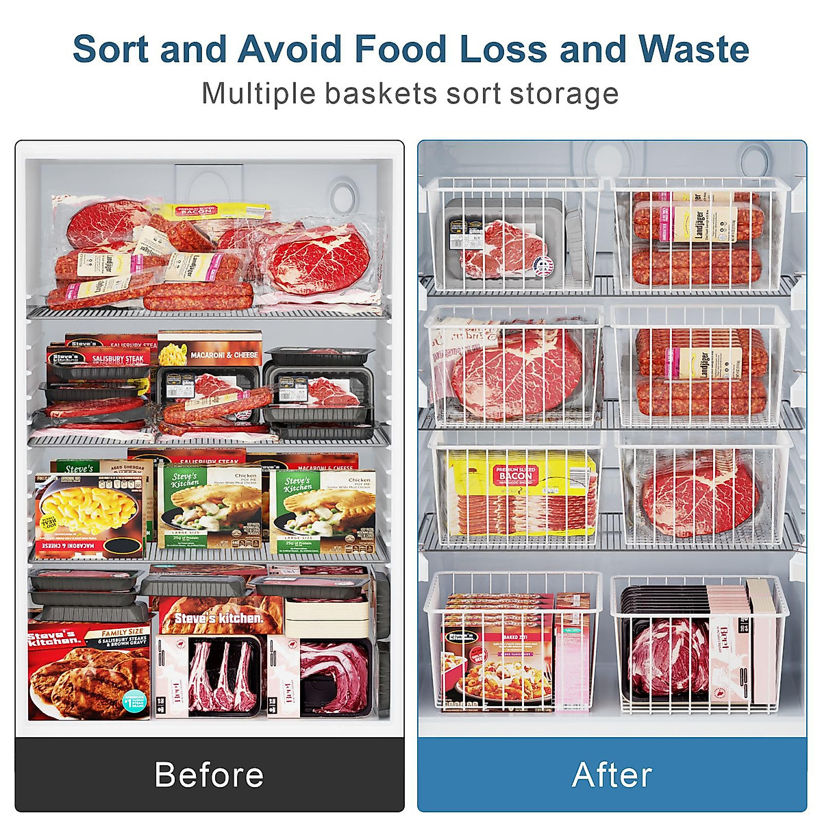 iSPECLE Freezer Organizer Bins - 4 Pack Medium Upright Freezer Baskets for 14 to 15.5 cu.ft Stand up Freezer, Easily Sort and Get Food, Air Circulation Stop Food Sliding out from Freezer, White