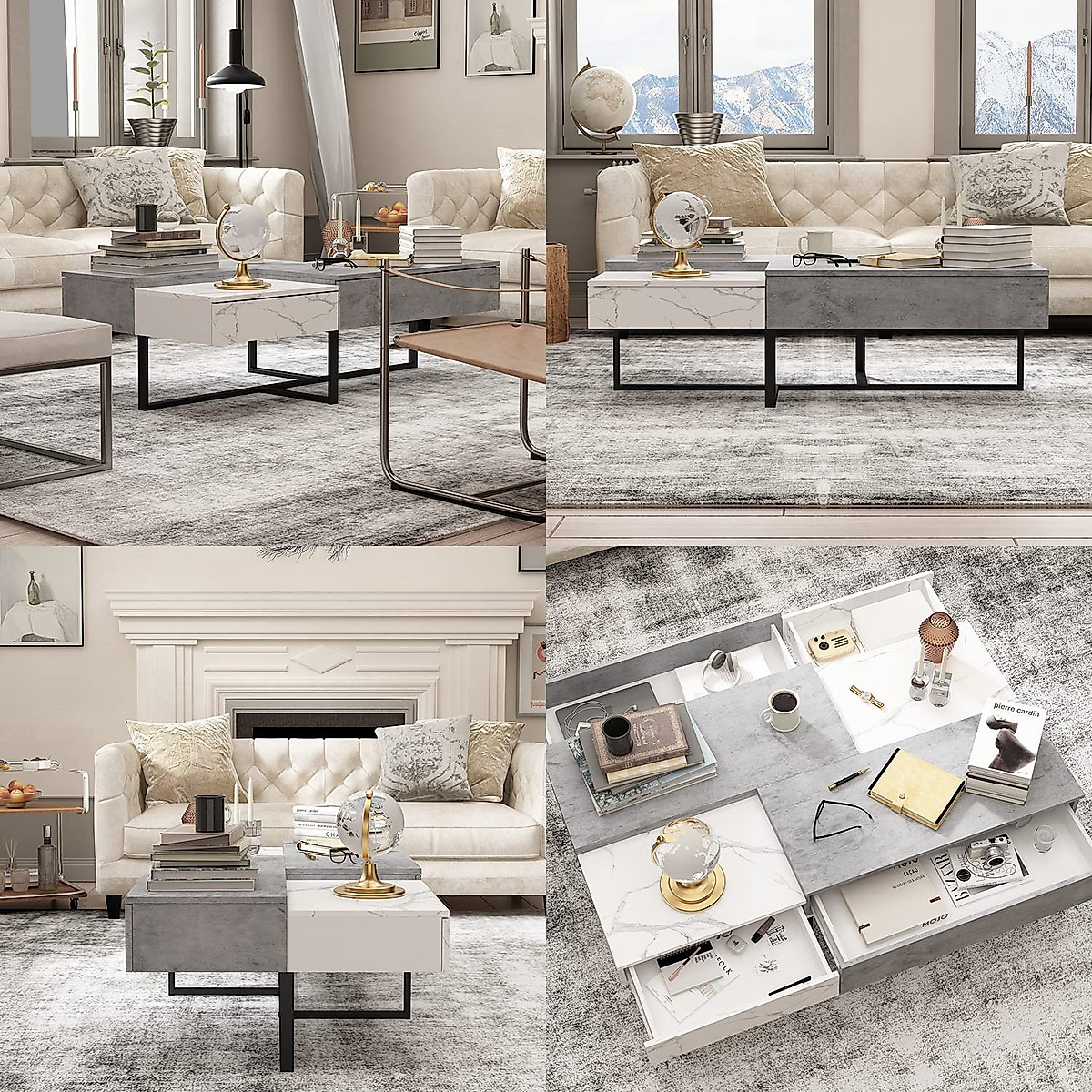 ECACAD Modern Design Coffee Table with 4 Drawers & Metal Legs, Wood Center Table with Marble Grain for Living Room, Office, Grey & White (51.2”L x 27.6”W x 15.4”H)