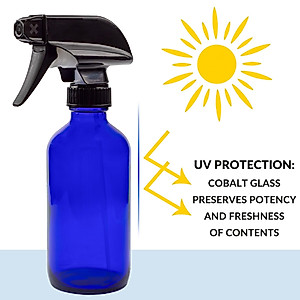 Cornucopia 8-Ounce Cobalt Blue Glass Boston Round Spray Bottles (2 Pack) 3-Setting Heavy Duty Sprayers, Empty Refillable Bottle for Essential Oil Blends, DIY Cleaning & More