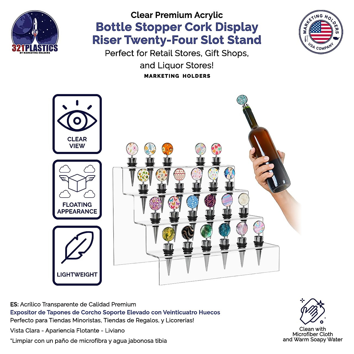 Marketing Holders Wine Bottle Topper Liquor Pourer Display Stand Multi Level 24 Slot Rack with .75 Inch Wide Holes Clear Acrylic Riser 11.5 Inch Wide by 10 Inch Deep Retail Countertop Showcase