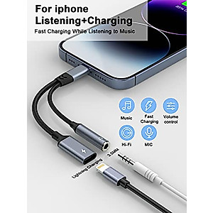 iPhone Headphone and Charger Adapter 2-in-1 Lightning to 3.5mm AUX Audio + Lightning Charger Splitter Dongle for iPhone 14/13/12/11 Pro Max/Pro/Plus/Mini/XR/XS/8/7 Plus-Apple MFi Certified