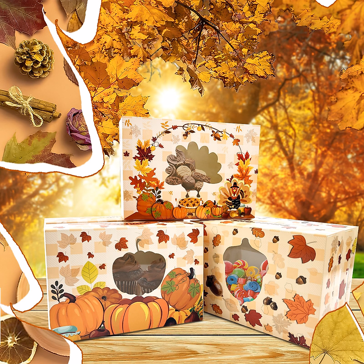 24Pcs Fall Cookie Boxes with Window, Autumn Maple Leaf Cookie Gift Cardboard Paper Treat Boxes Cookie Goody Container for Fall Harvest Wedding Thanksgiving Party Supplies