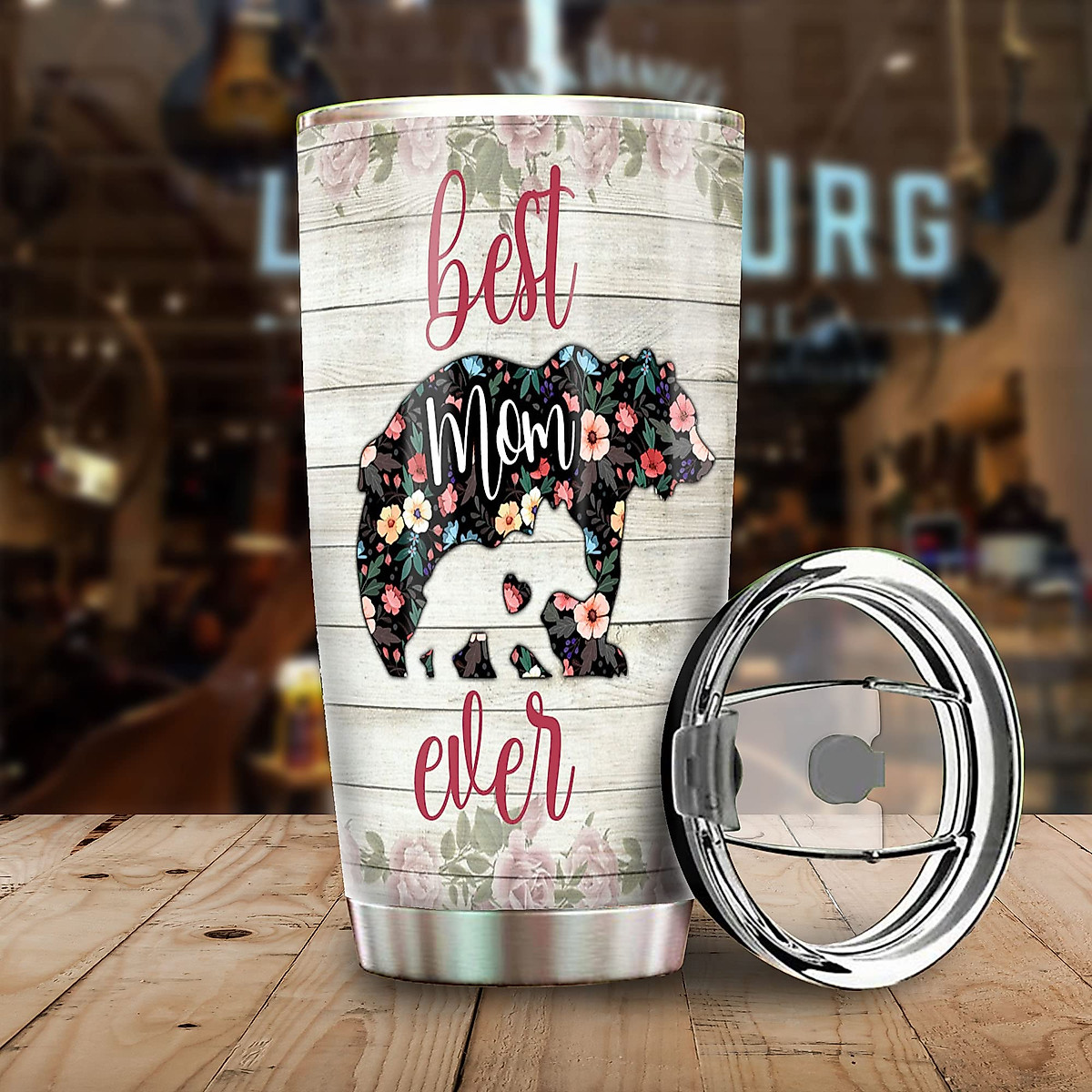 Mama Bear Stainless Steel 20oz Travel Coffee Mug with Lid - Double Wall Tumbler - Best Mom Ever