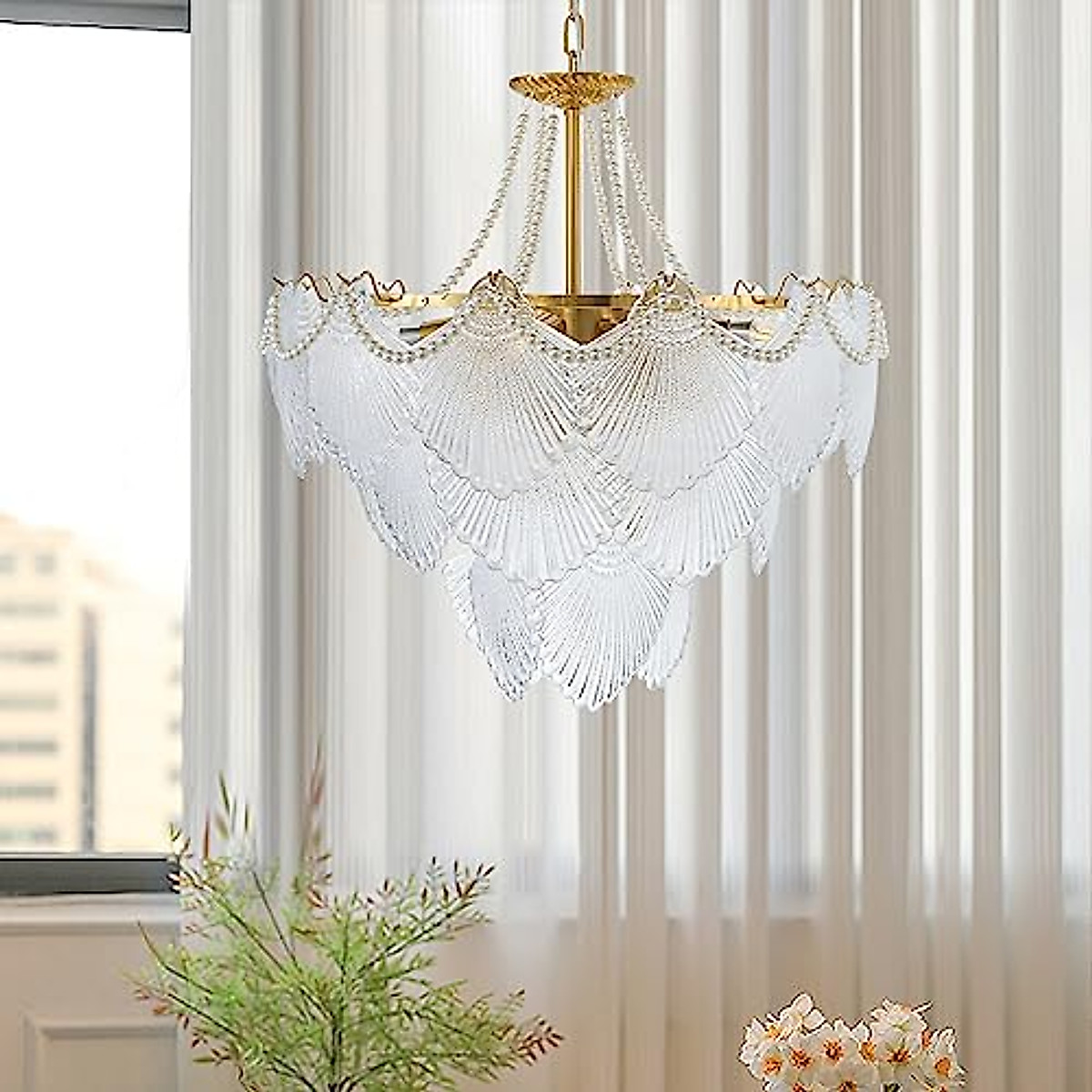 FINE MAKER Modern Glass Chandelier, 24'' Golden Vintage Chandelier for Dining Room, 3 Tiers Hanging Pendant Ceiling Light Fixture with Glass Shell Pearl Shades for Living Room, Bedroom, Kitchen