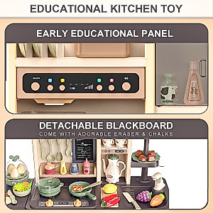 Play Kitchen - Kitchen Playset Pretend Food - Toy Accessories Set w/Real Sounds & Light, Play Sink, Cooking Stove with Steam, 65 PCS for Toddlers Kids 37 inch, Girls & Boys 3+ Years