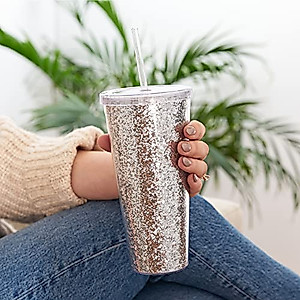 Blush Silver Glam Double Walled Glitter 24oz Tumbler | Reusable, Leak-Proof, Travel, Clear Plastic, Slim, Iced Coffee Cup with Silicone Seal, Screw-On-Lid, and Straw, 1 Count (Pack of 1)