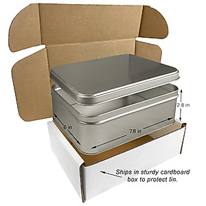 Silver Metal Tin Box with Secure Lid – Large Multipurpose Tin Can Storage Container for Jewelry, Crafts, Cookies, Pills, Gifts, Pencils and More - For Home and Office - 7.8 x 6 x2.8 inches