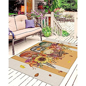 Hello Fall Outdoor Rug for Patio/Deck/Porch, Non-Slip Area Rug 6x9 Ft, Thanksgiving Pumpkin Floral Maple Leaf Yellow Beige Striped Indoor Outdoor Rugs Washable Area Rugs, Reversible Camping Rug Carpet