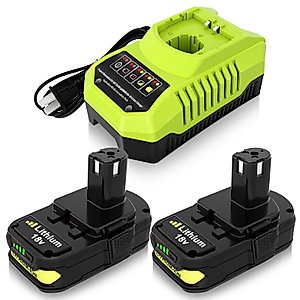 2 Packs 3.0Ah P102 Battery & P117 Charger Replacement for Ryobi 18V Battery and Charger Combo Compatible with Ryobi 18 Volt Battery Li-ion P102 P103 P104 P105 P107 P109 P108 P190 P122 P118(Red)