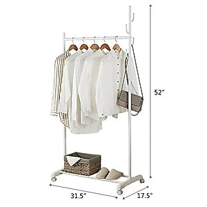 LUKEO 2-in-1 Clothes Coat Rack Rolling Garment Rack with Bottom Shelves-White Versatile Rack Durable Structure