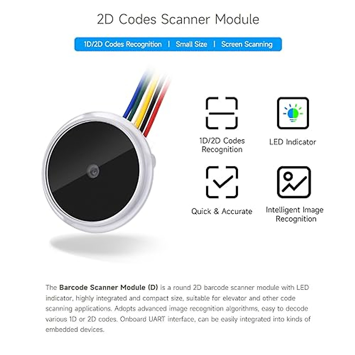 Waveshare Round 2D Codes Scanner Module, Barcode/QR Code Reader, with LED Indicator, Small Size, Easy to Integrate