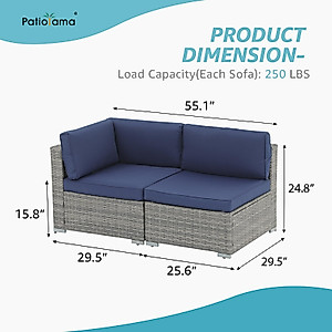 Patiorama 2-Piece Patio Furniture Set, Outdoor Sectional Sofa, All-Weather Grey PE Wicker Rattan Conversation Set,Outdoor Couch Loveseat,Patio Seating for Porch Balcony Garden Pool(Navy Blue Cushion)
