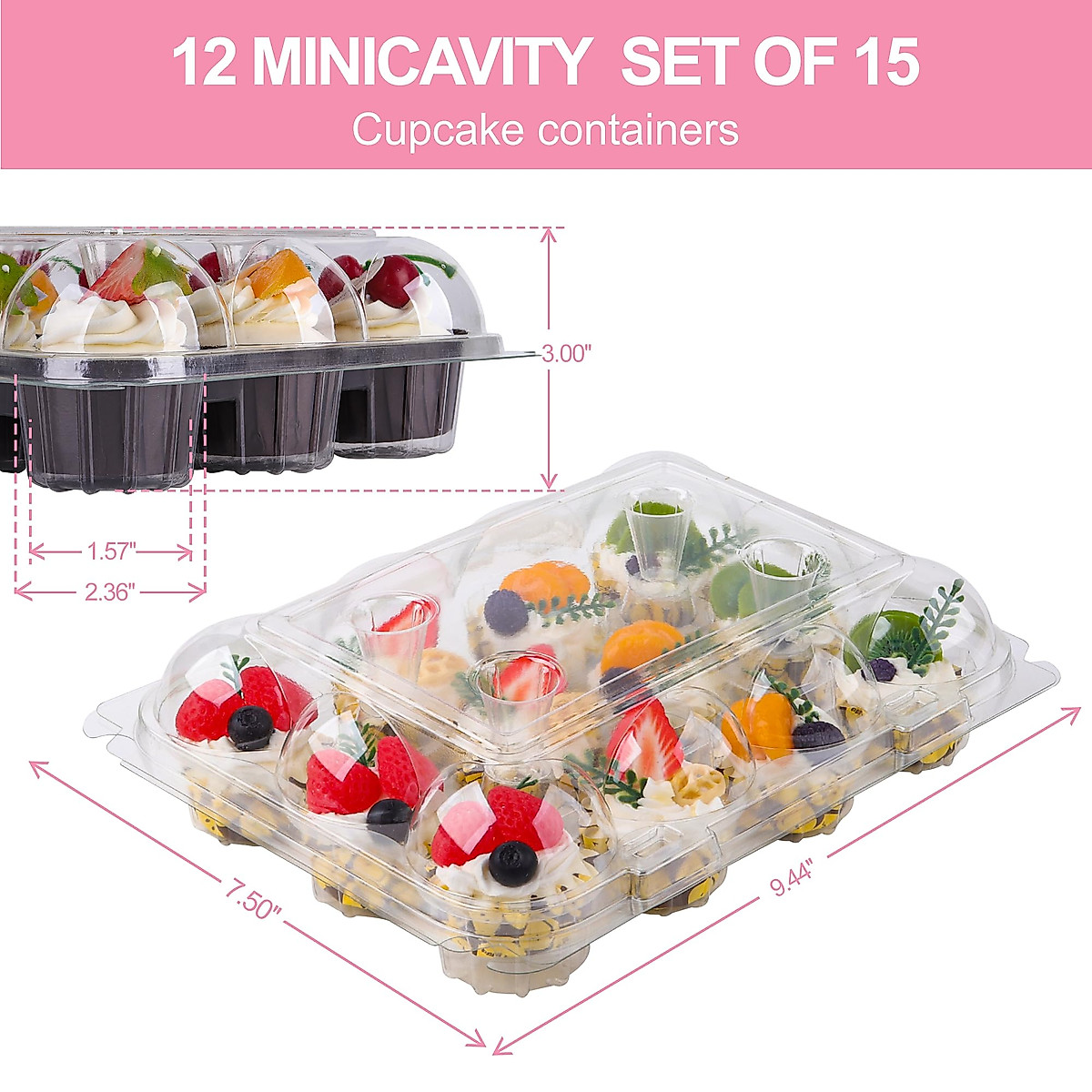 3unshine 12 Count Cupcake Containers - Pack of 15, Durable and Stackable Clear Plastic Cupcake Boxes