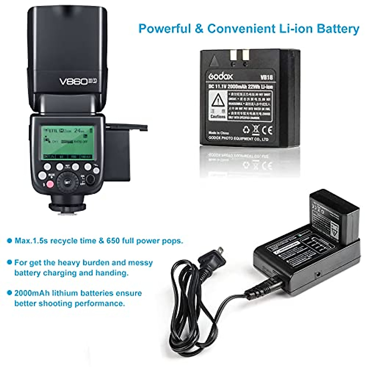 Godox V860II-S V860IIS Camera Flash Speedlite for Sony, 2.4G TTL Sony Flash Speedlight GN60 1/8000s HSS, Rechargable Li-ion Battery, 650 Full Power Flashes, Compatible for Sony DSLR Cameras